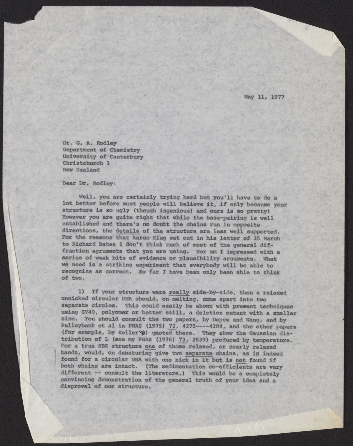 Letter from Francis Crick to Gordon A. Rodley, May 11, 1977 - Science ...