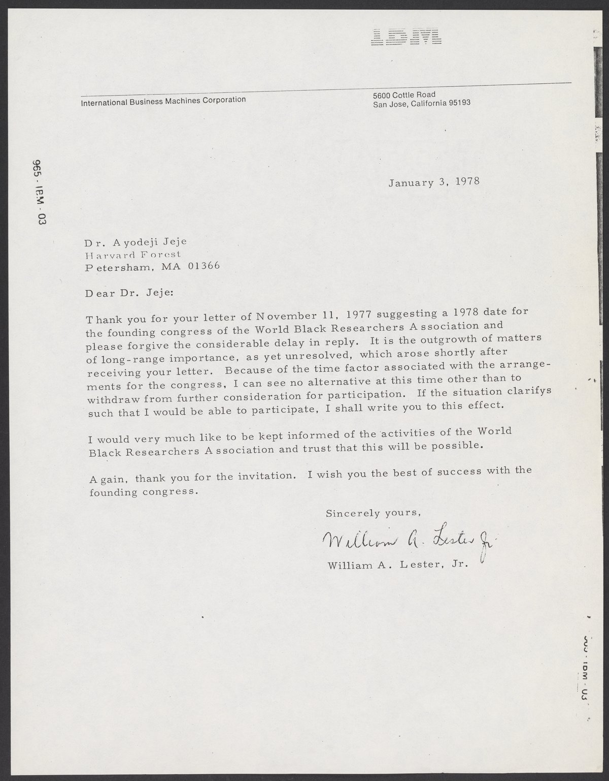 Letter from William A. Lester, Jr. to Ayodeji Jeje, January 3, 1978 ...