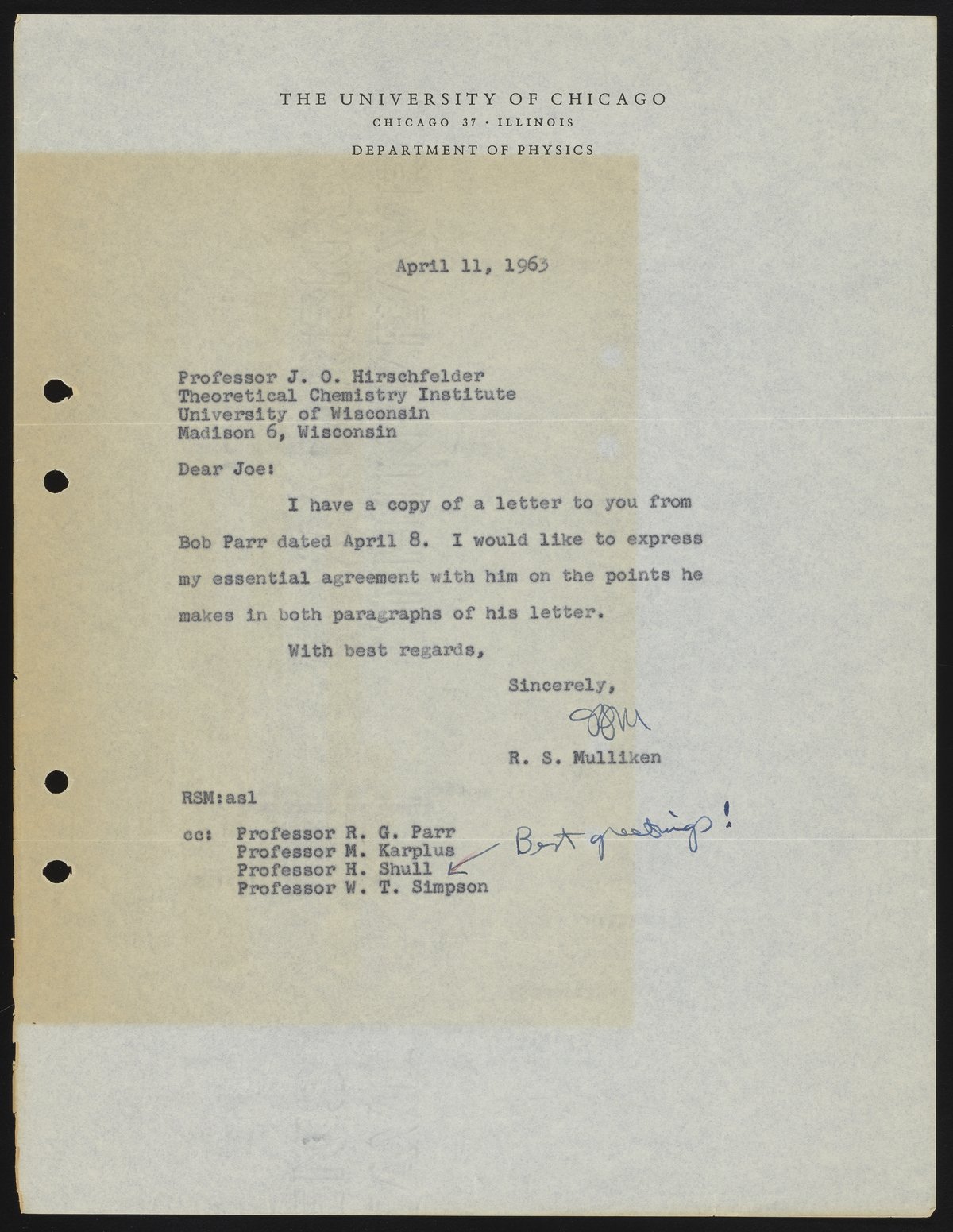 Letter from Robert S. Mulliken to Joseph O. Hirschfelder - Science ...