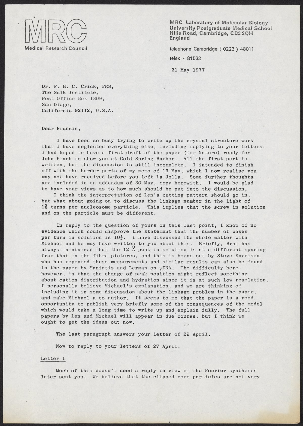 Letter from Aaron Klug to Francis Crick, May 31, 1977 - Science History ...