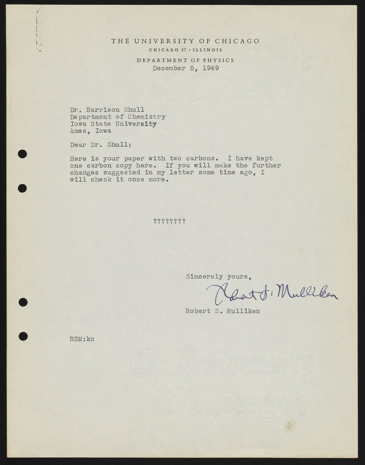 Letter from Robert S. Mulliken to Harrison Shull, 1949 - Science ...