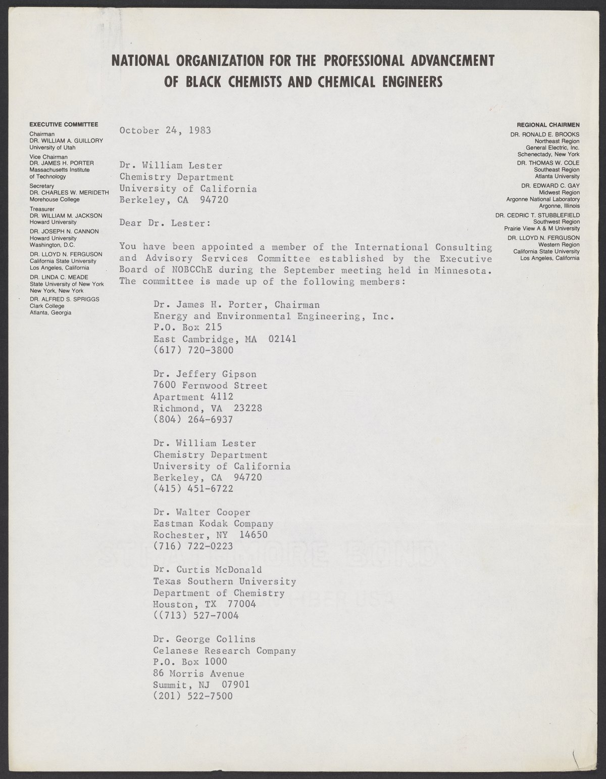 Letter to William A. Lester, Jr. from James H. Porter, October 24, 1983 ...