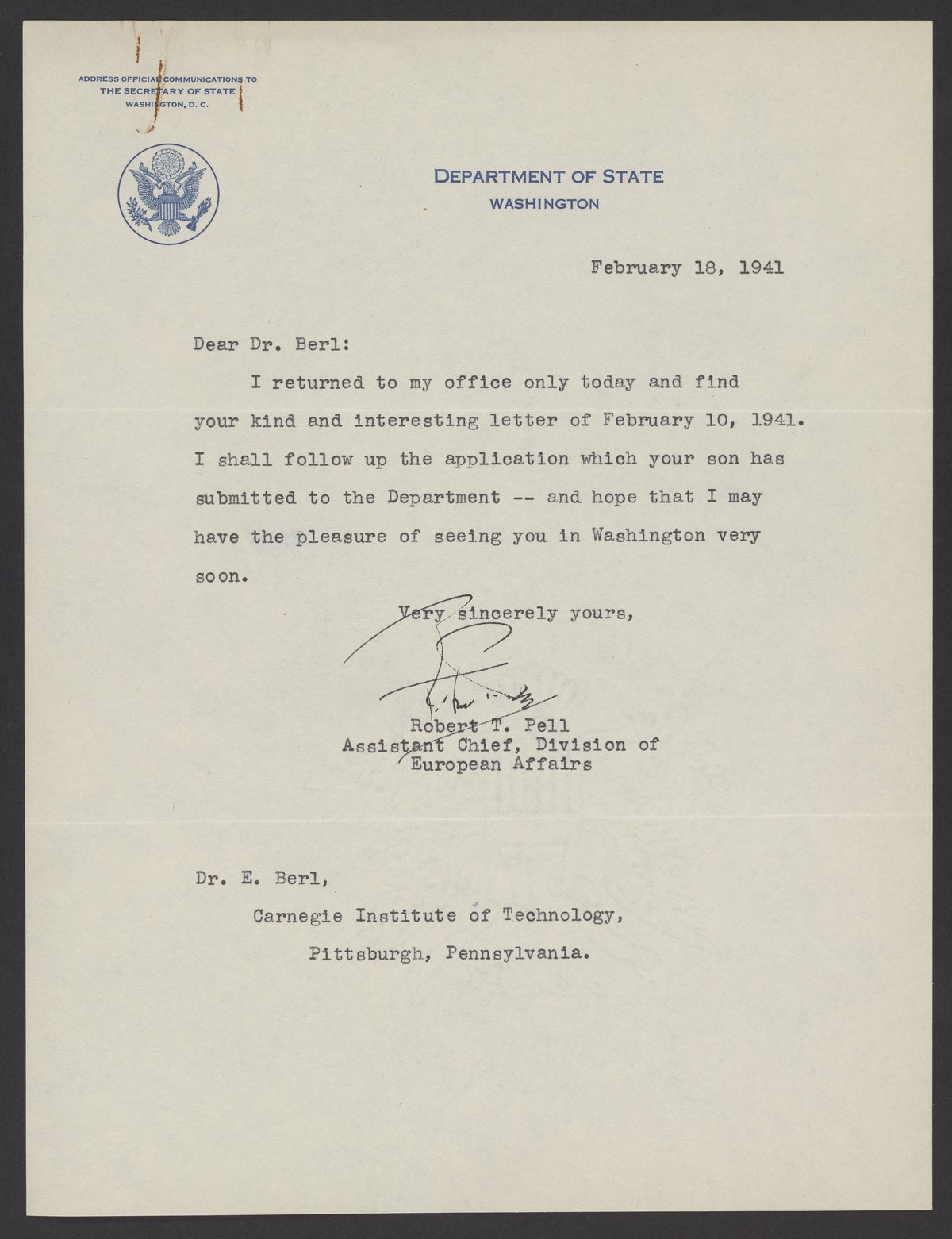 Letter to Ernst Berl from Robert T. Pell, February 18, 1941 - Science ...