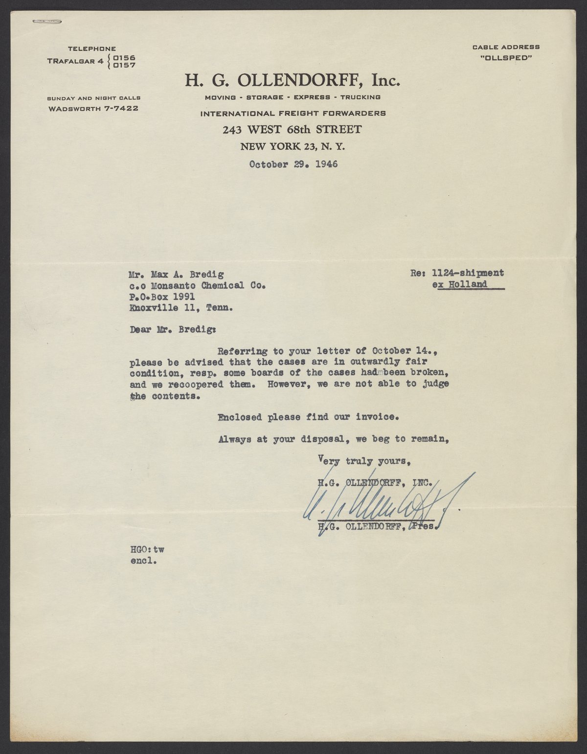 Letter from H. G. Ollendorff, Inc. to Max Bredig, October 29, 1946 ...