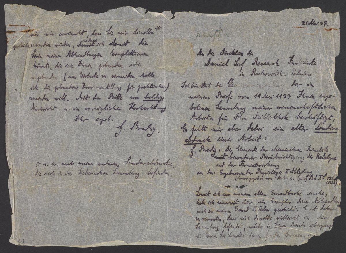 Letter from Georg Bredig to the Daniel Sieff Research Institute ...