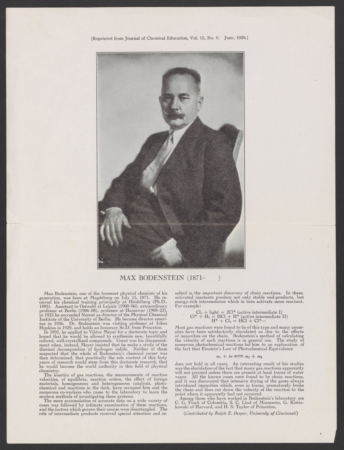 Max Bodenstein (1871- ) - Science History Institute Digital Collections