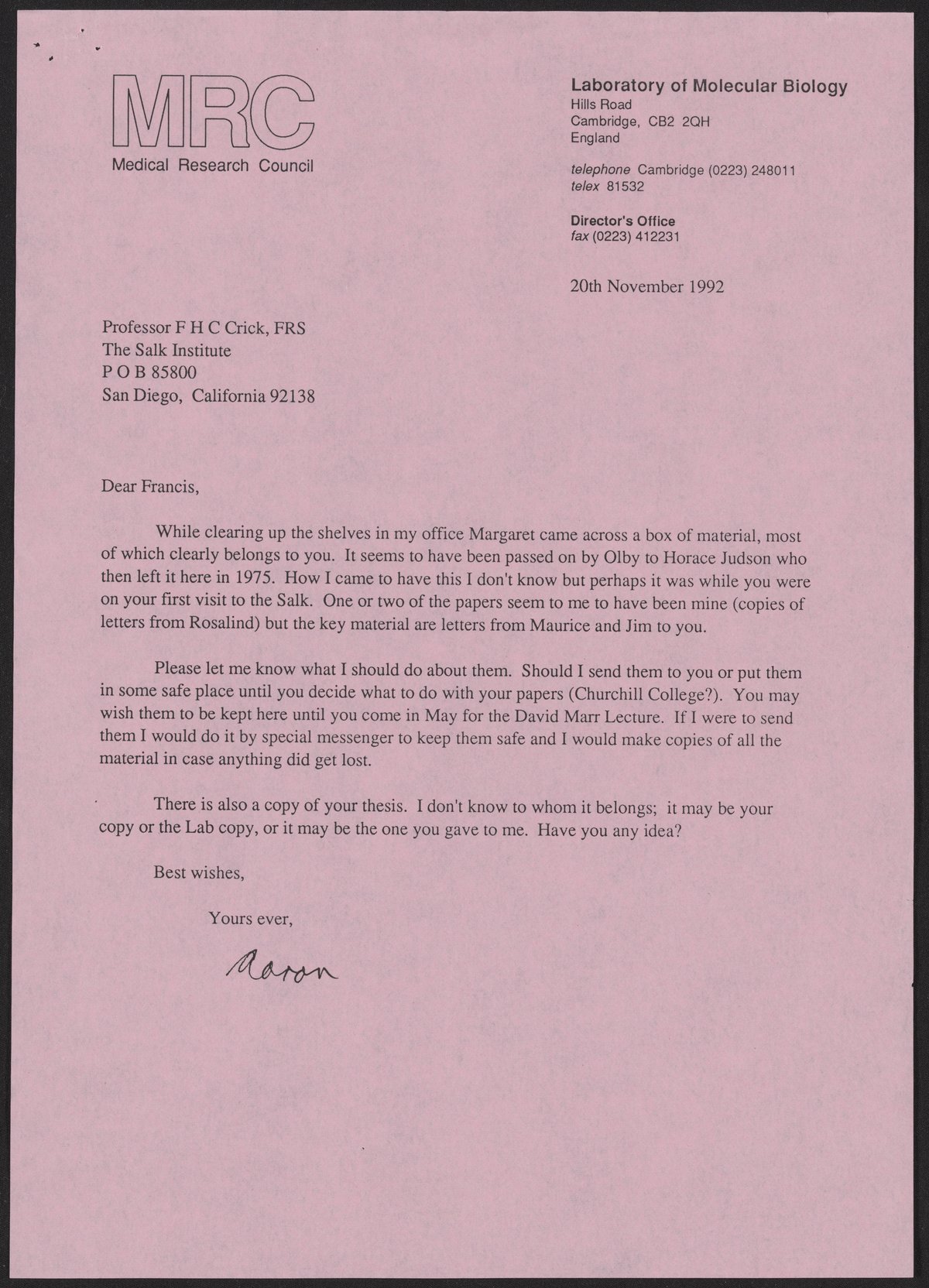 Letter from Aaron Klug to Francis Crick, November 20, 1992 - Science ...