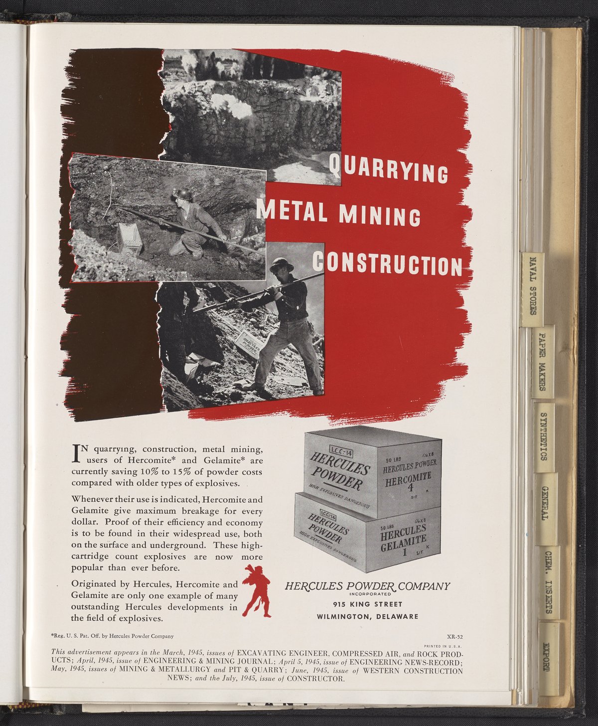 Hercules Powder for use in Quarrying, Metal Mining, and Construction ...