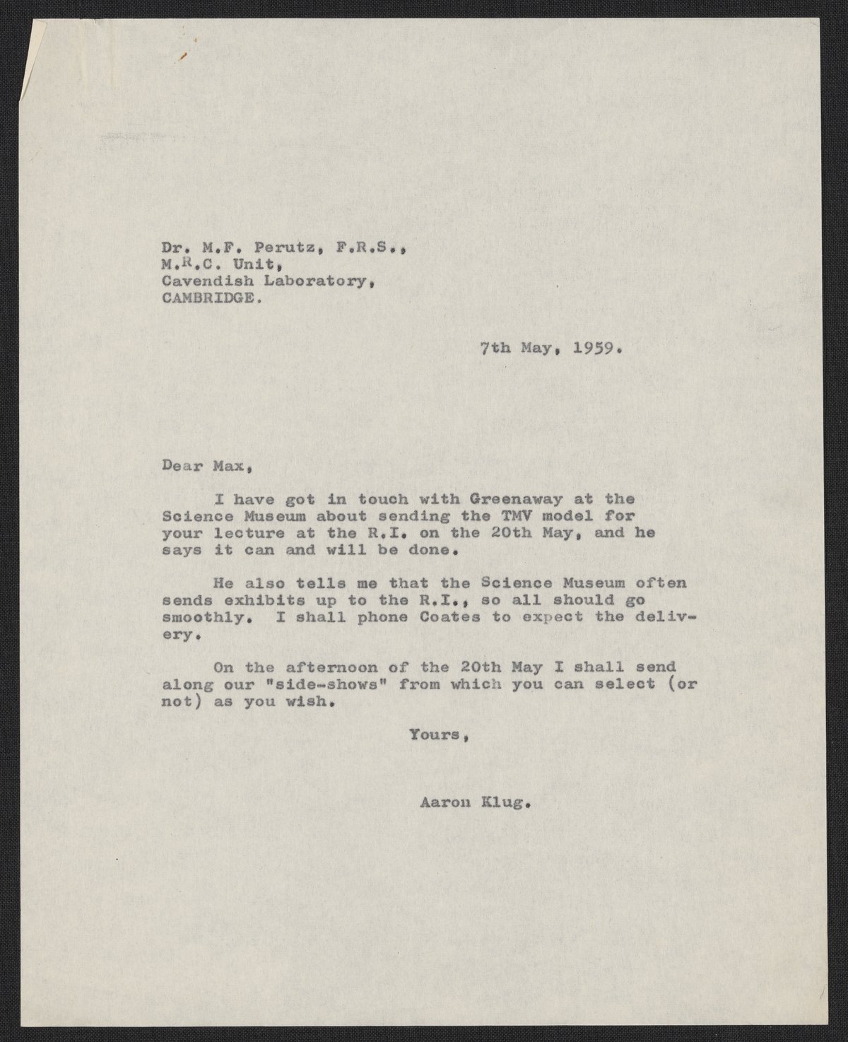 Letter from Aaron Klug to Max Perutz, May 7, 1959 - Science History ...