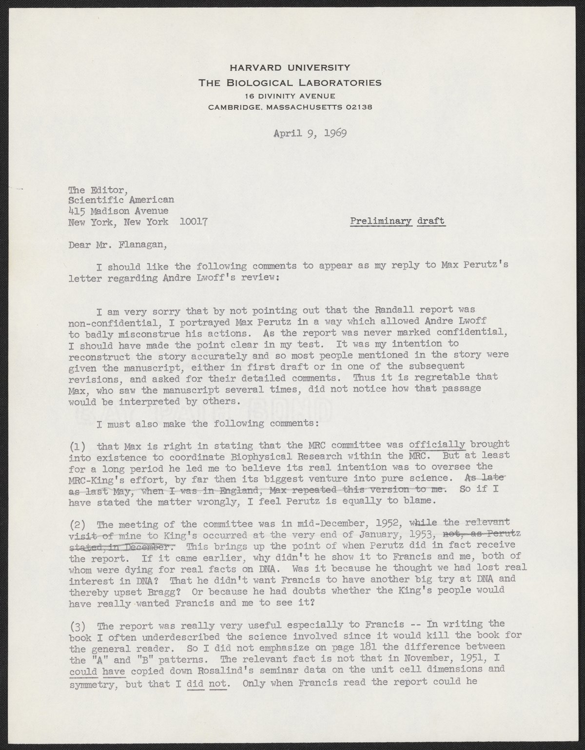 Drafts of a letter from James D. Watson to Dennis Flanagan, April 9 ...