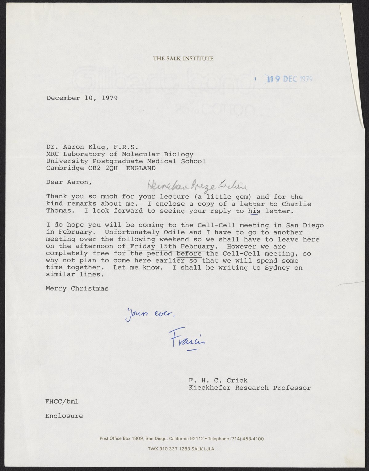 Letter from Francis Crick to Aaron Klug, December 10, 1979 - Science ...
