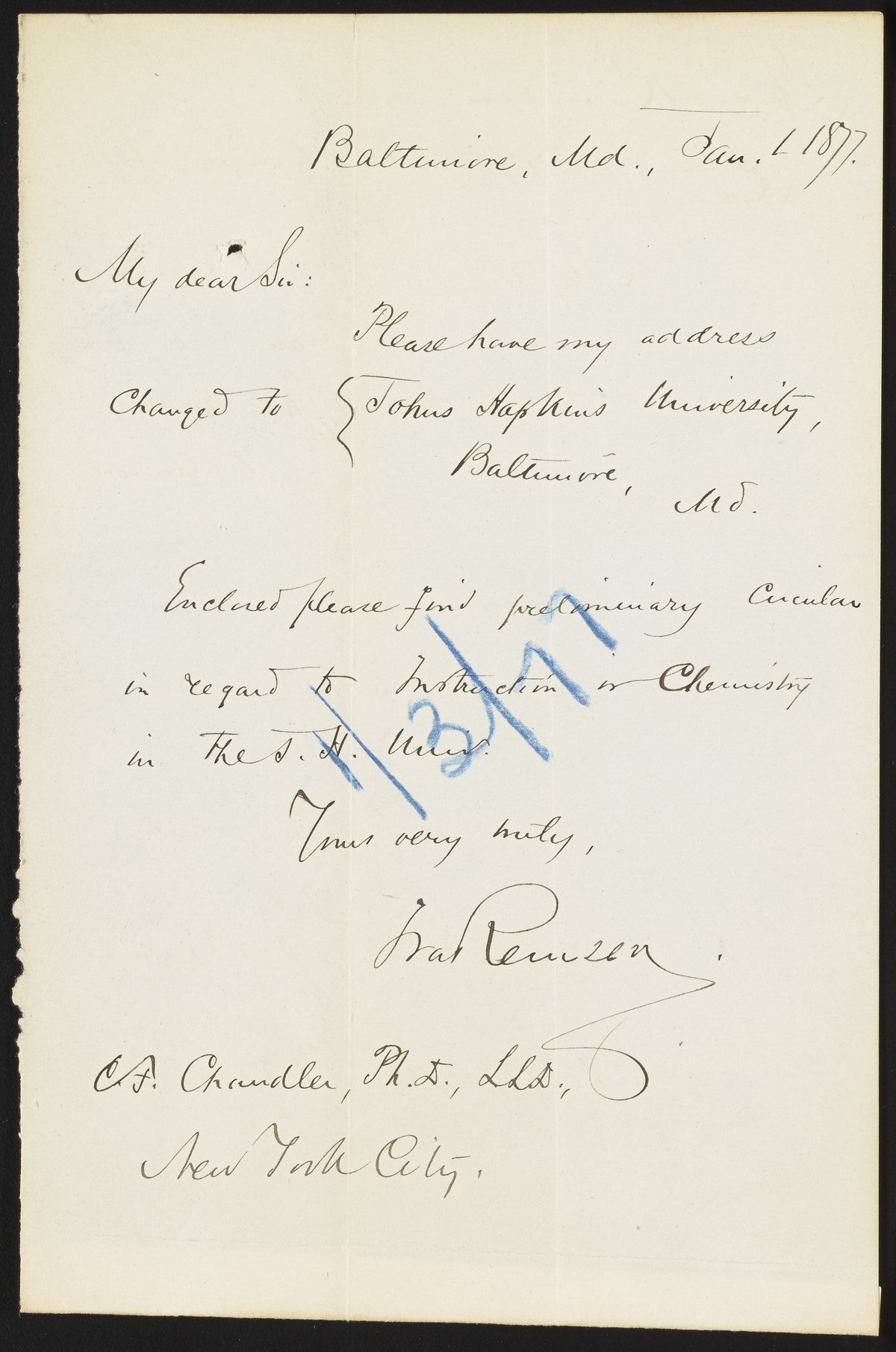 Letter from Ira Remsen to Charles F. Chandler - Science History ...
