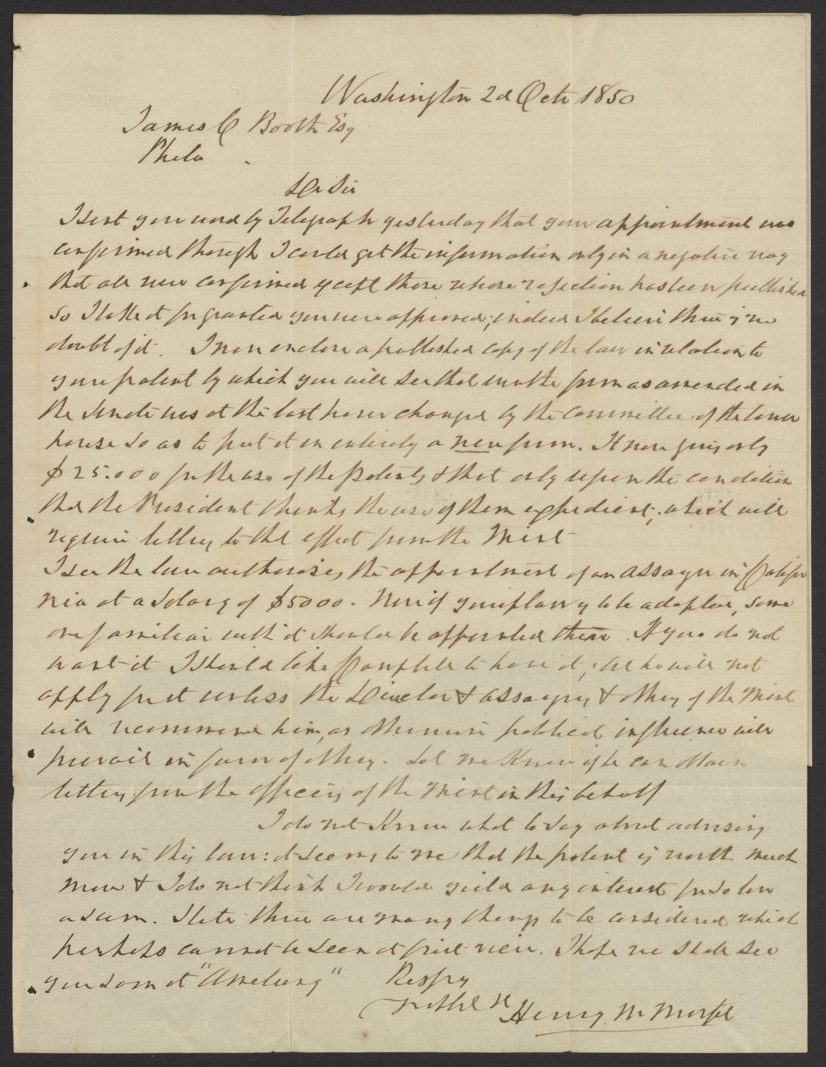 Letter from Henry M. Morfit to James Curtis Booth, October 2, 1850 ...