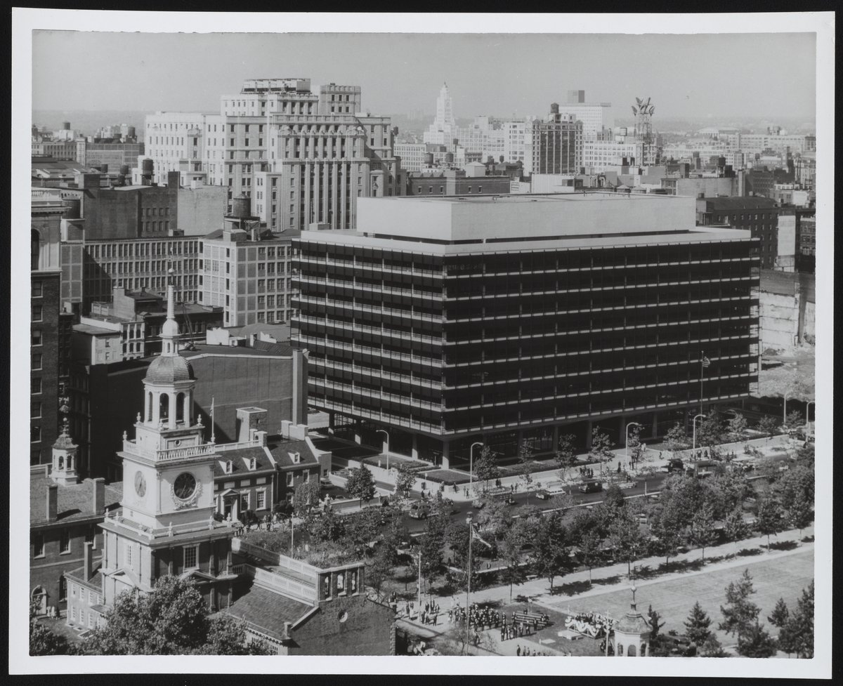 Aerial view of Rohm & Haas headquarters facing Independence Mall ...