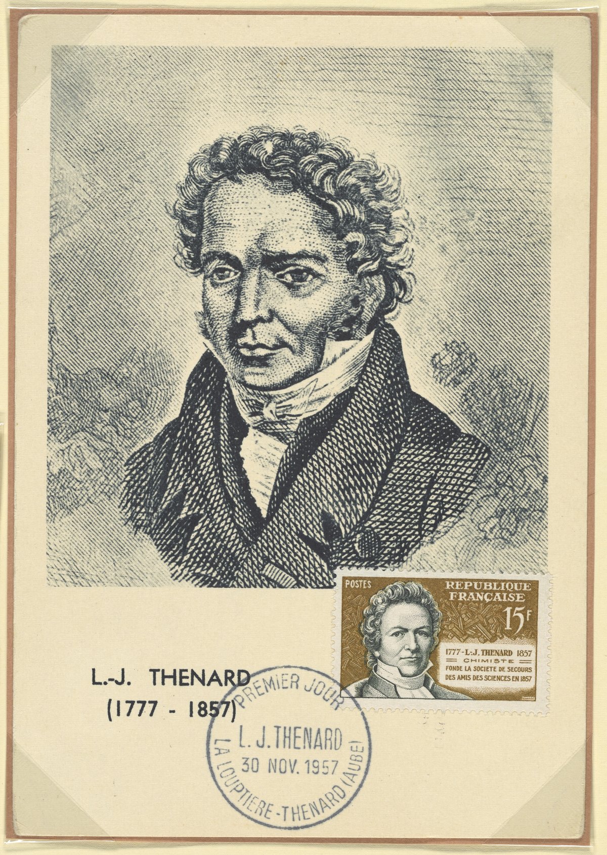 Postcard and French postage stamp commemorating Louis Jacques Thénard ...