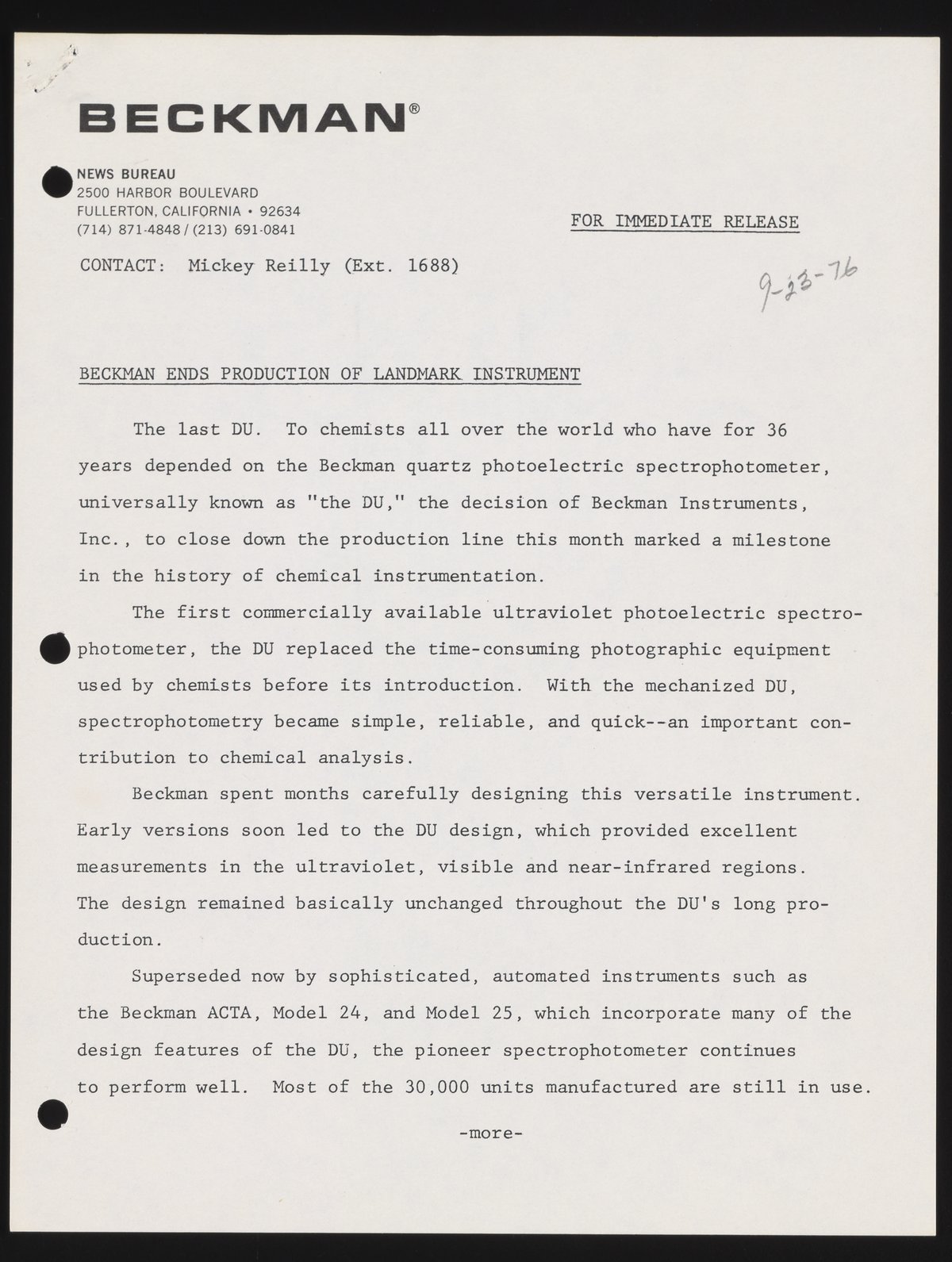 Beckman Ends Production of Landmark Instrument - Science History ...