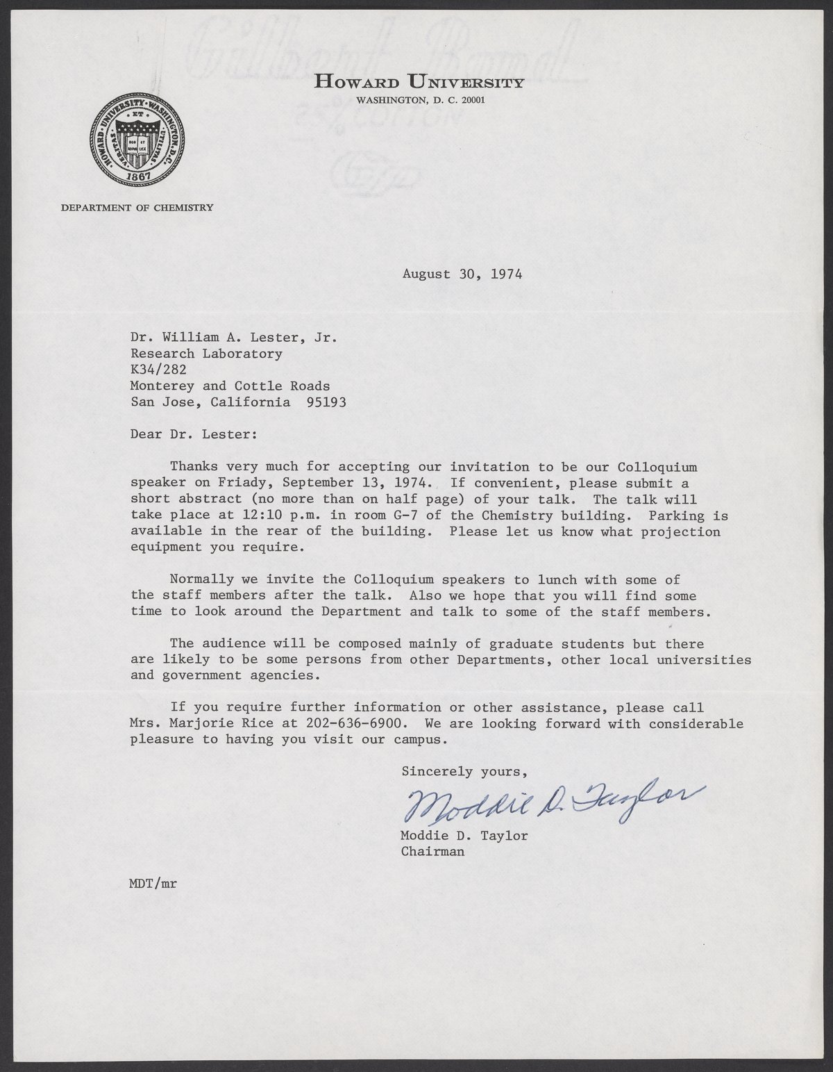Letter from Moddie D. Taylor to William A. Lester, Jr., August 30, 1974 ...