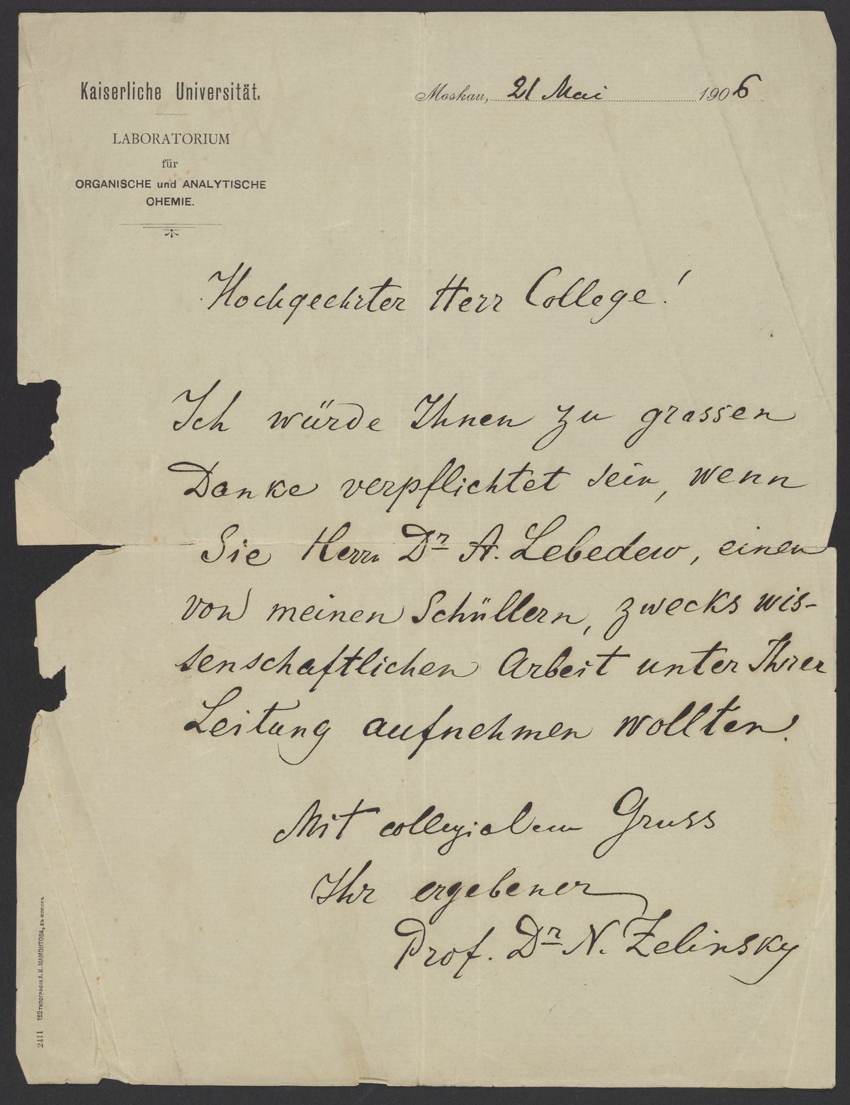 Letter from Nikolay Zelinsky to Georg Bredig - Science History ...