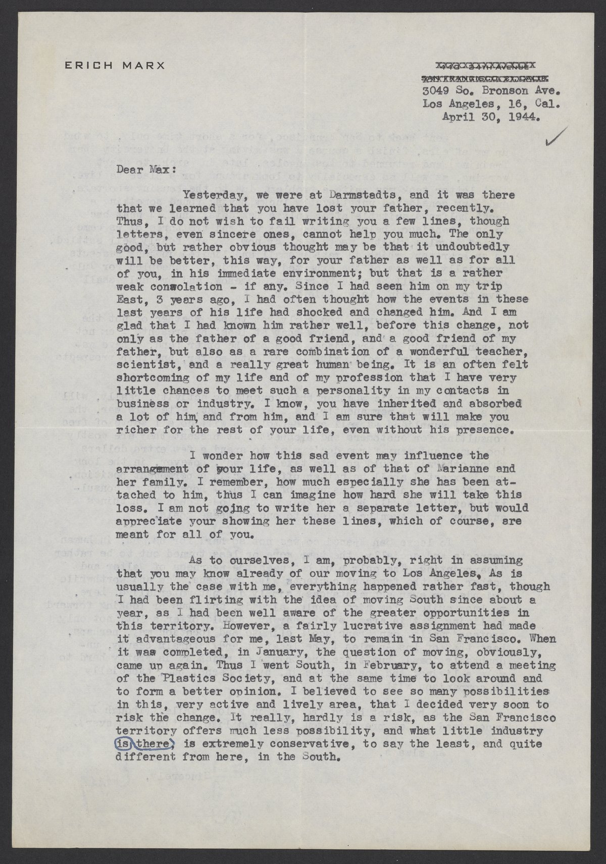Letter of condolence from Erich Marx to Max Bredig - Science History ...