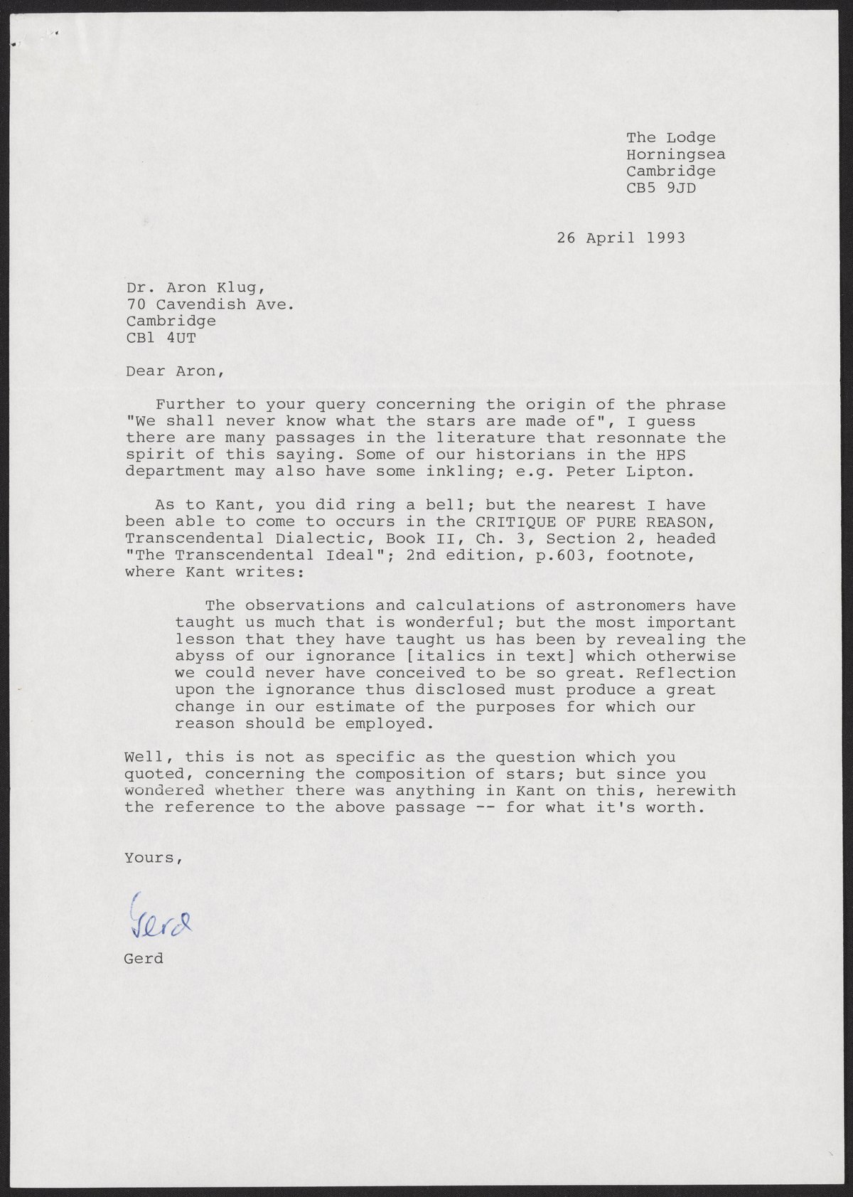 Letter from Gerd Buchdahl to Aaron Klug, April 26, 1993 - Science ...