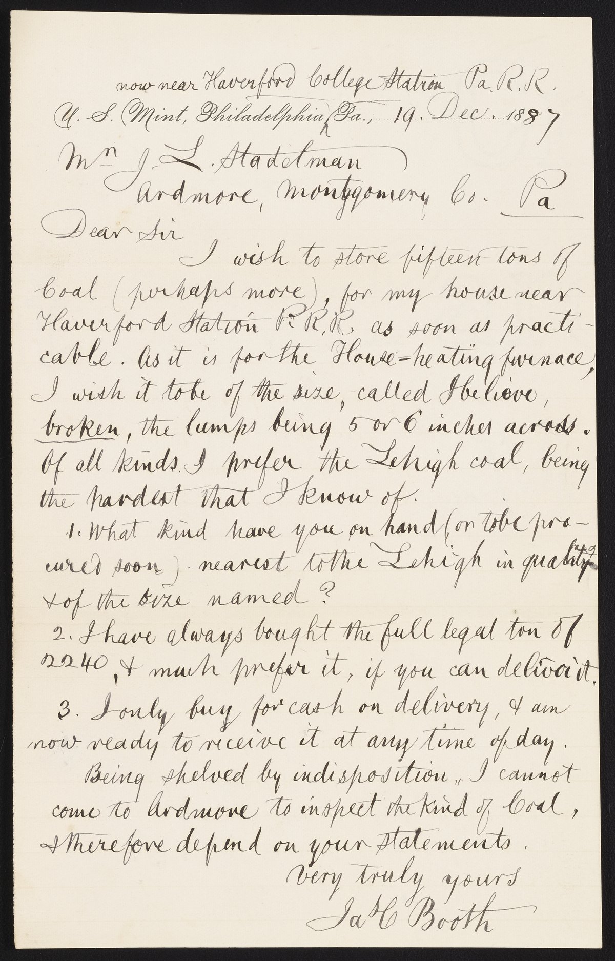 Letter from James Curtis Booth to J. L. Stadelman - Science History ...