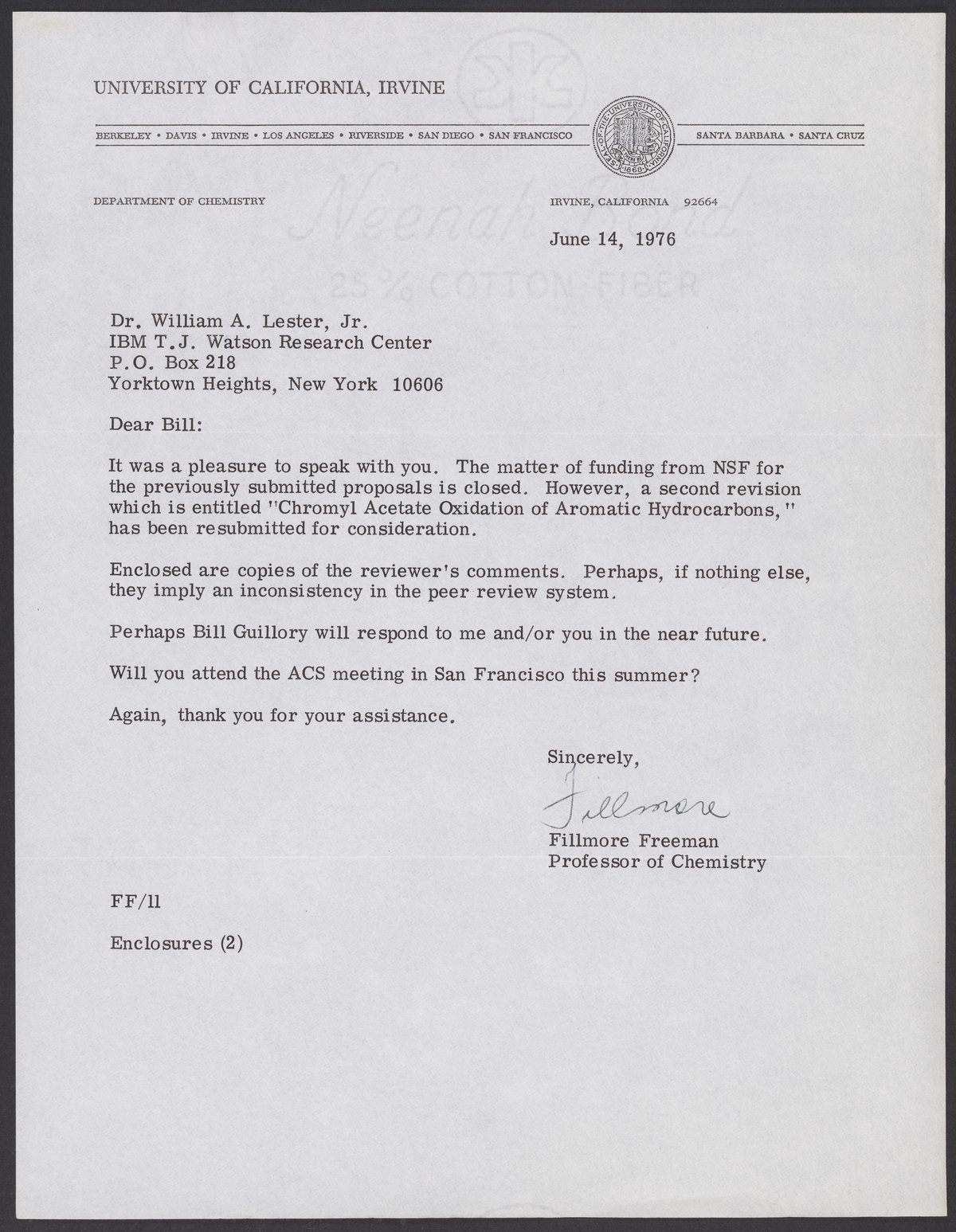 Letter to William A. Lester, Jr. from Fillmore Freeman, June 14, 1974 ...