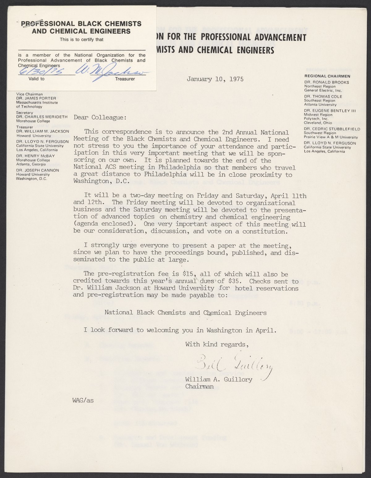 Letter from William A. Guillory, January 10, 1975 - Science History ...