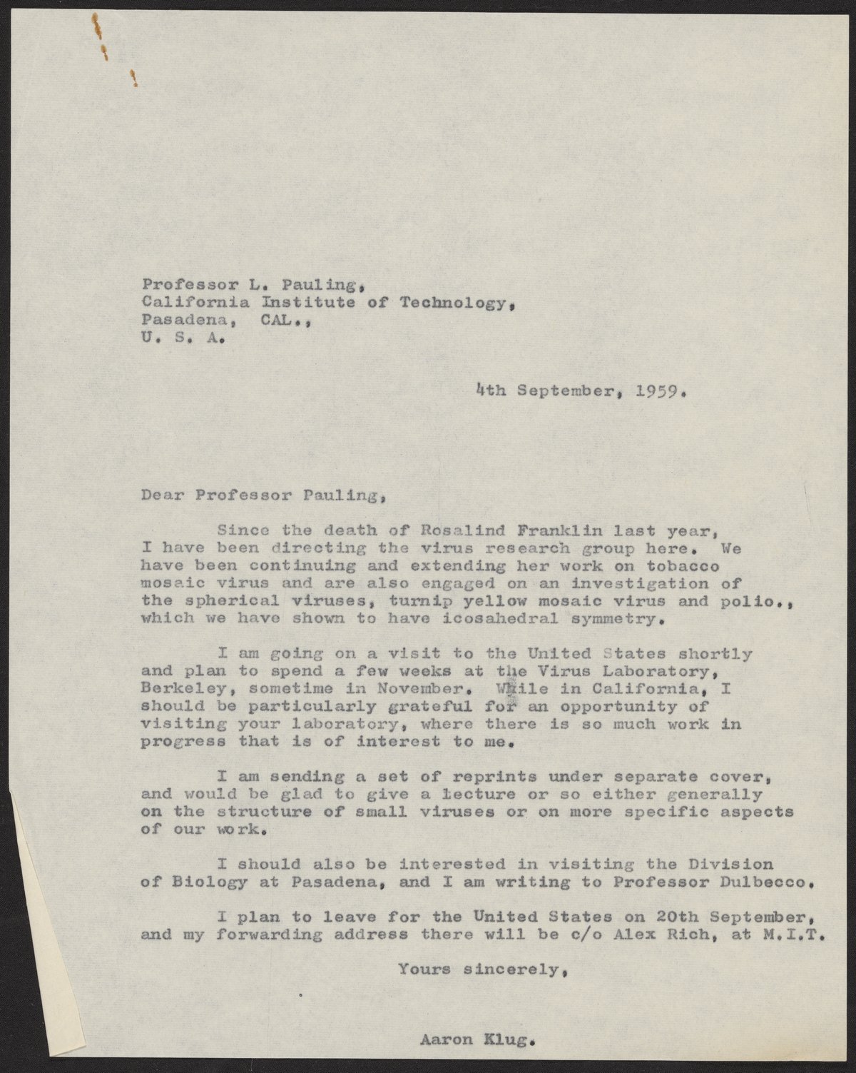 Letter from Aaron Klug to Linus Pauling, September 4, 1959 - Science ...