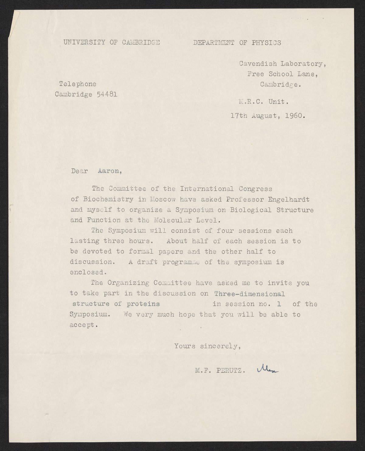 Letter from Max Perutz to Aaron Klug, August 17, 1960 - Science History ...