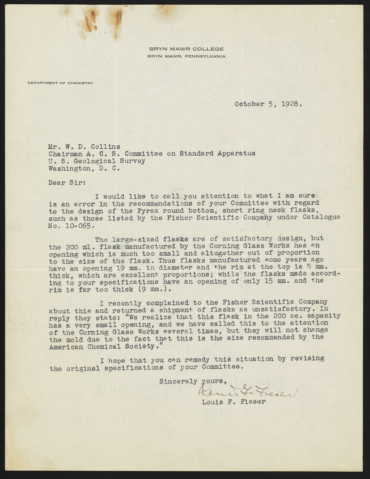 Letter from Louis F. Fieser to W. D. Collins - Science History ...