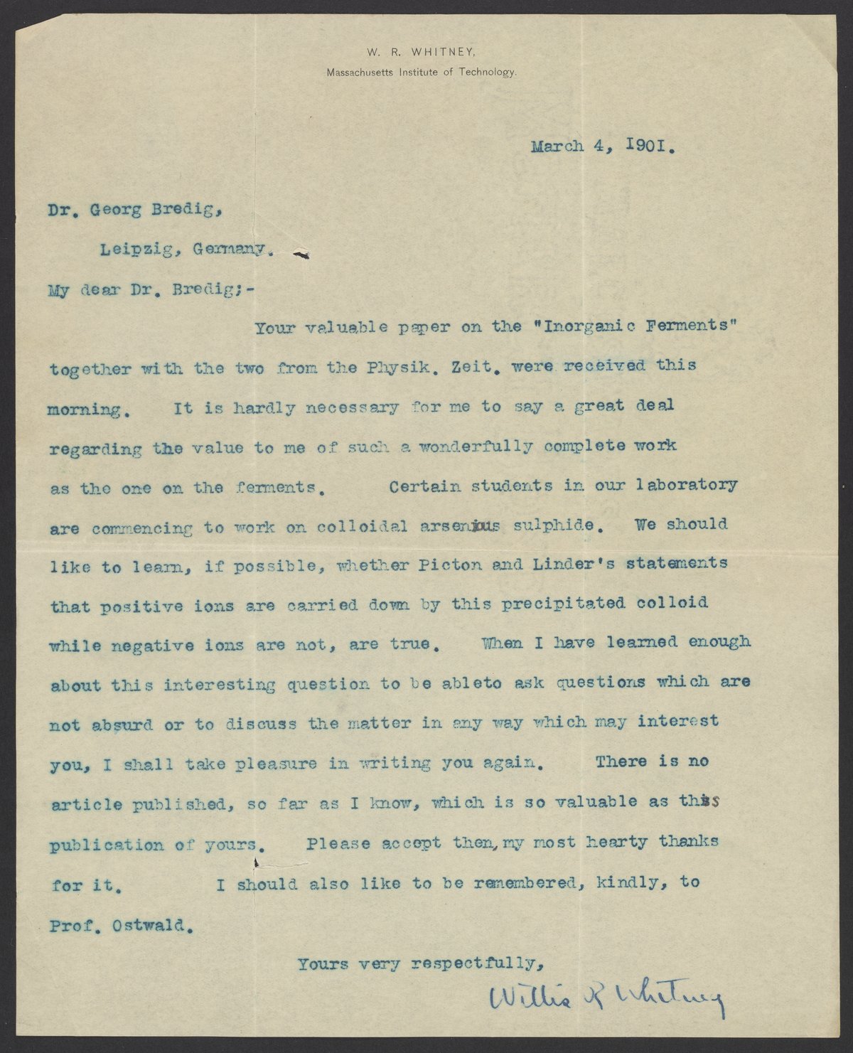 Letter from Willis R. Whitney to Georg Bredig - Science History ...