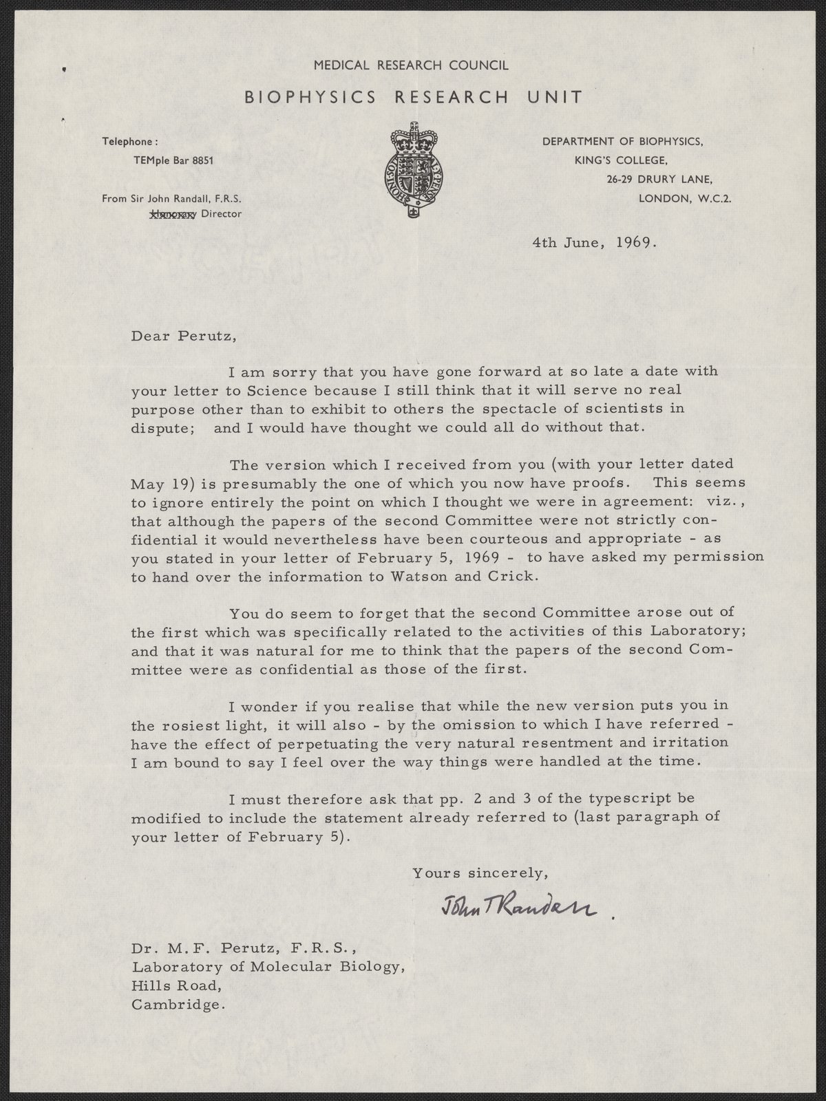Letter from John Randall to Max Perutz, June 4, 1969 - Science History ...
