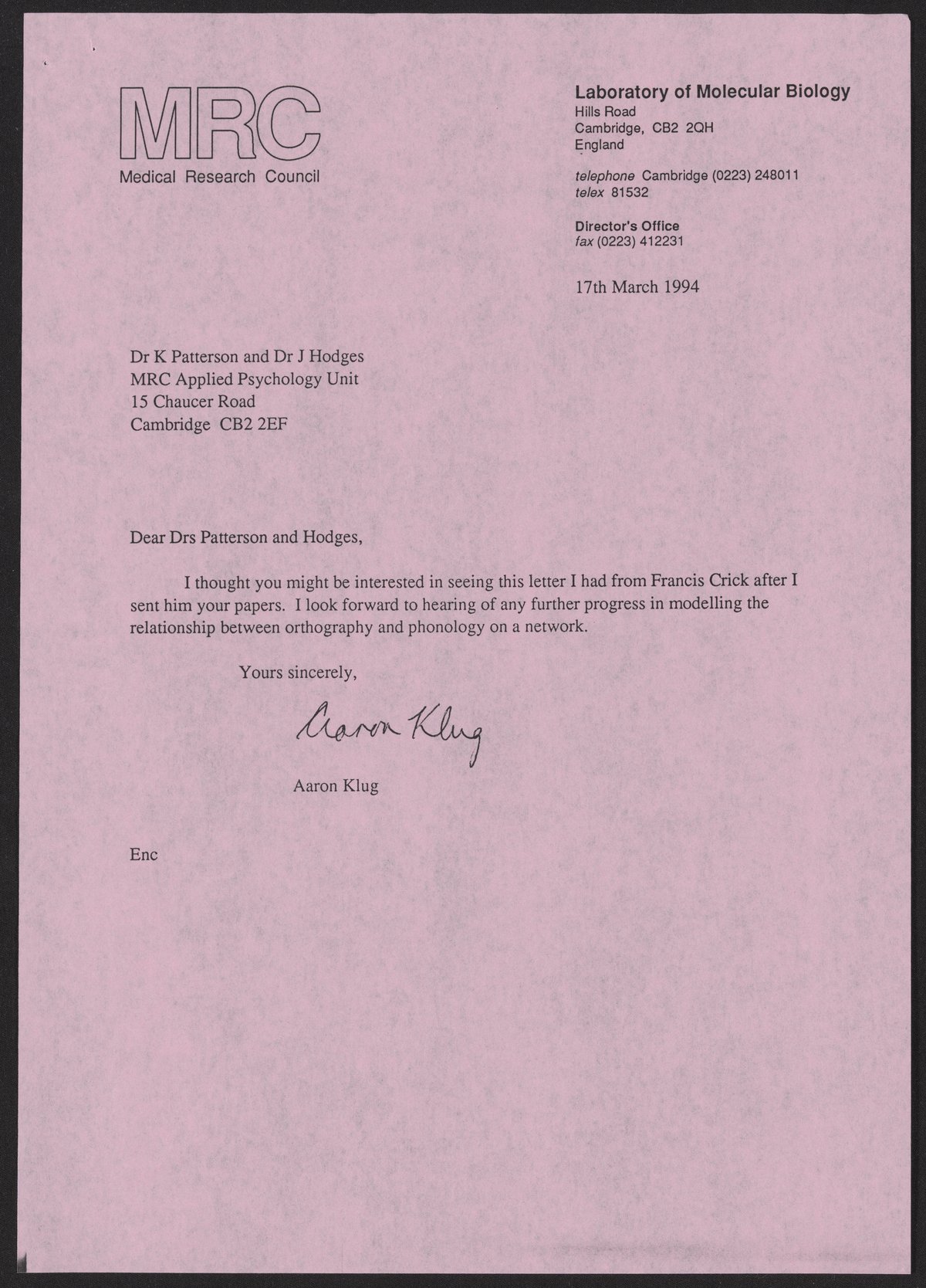 Letter from Aaron Klug to Karalyn Patterson and John Hodges, March 17 ...