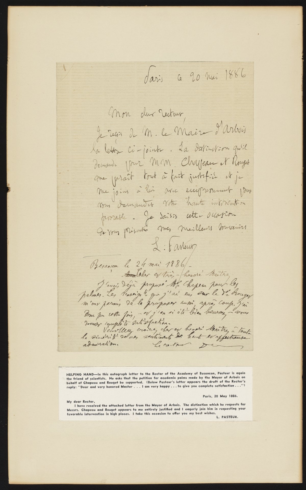 Letter from Louis Pasteur to the Rector of the Academy of Besançon ...