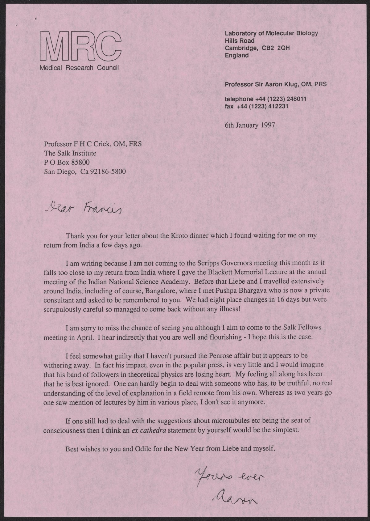 Letter from Aaron Klug to Francis Crick, January 6, 1997 - Science ...