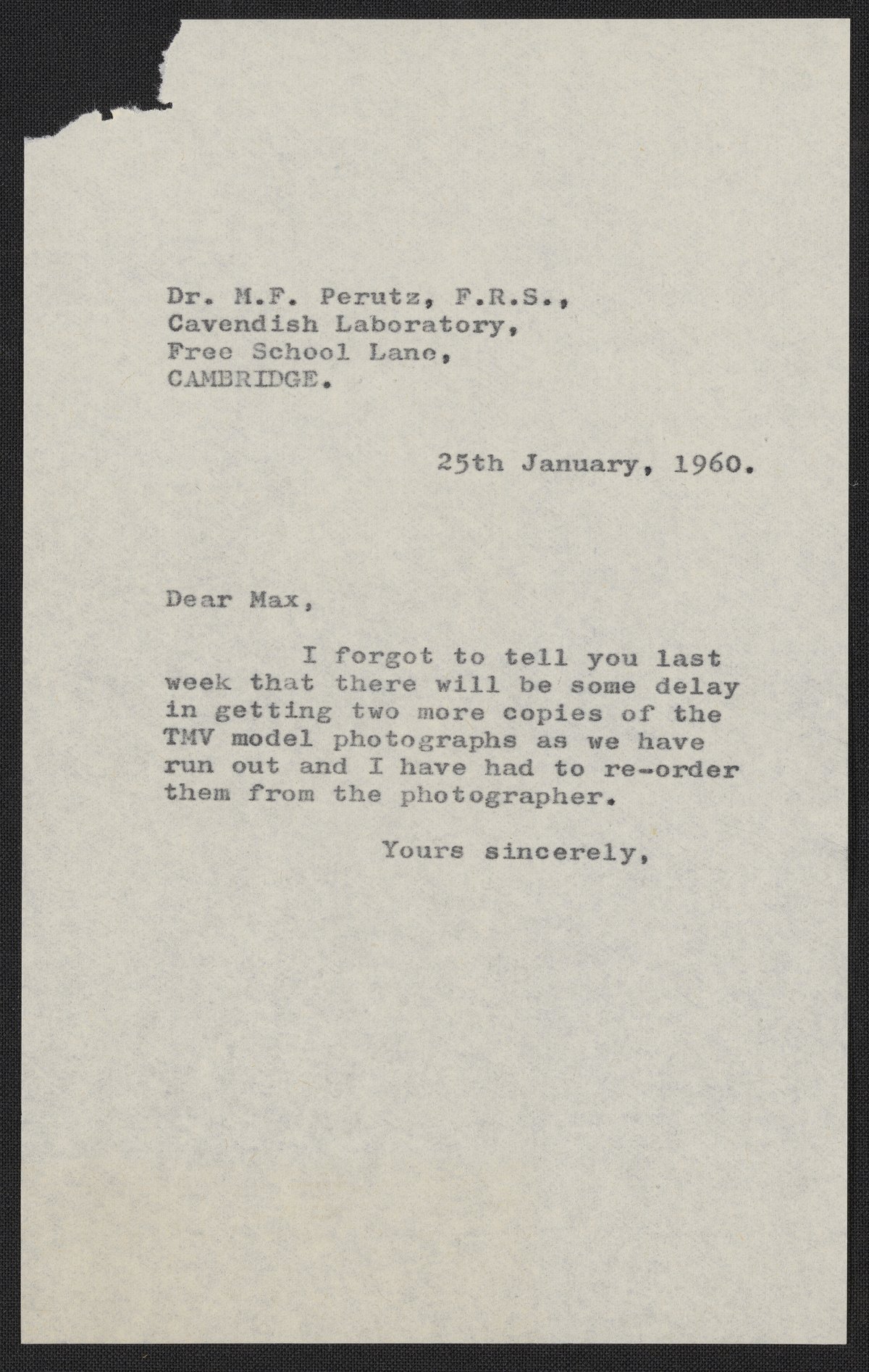 Letter from Aaron Klug to Max Perutz, January 25, 1960 - Science ...