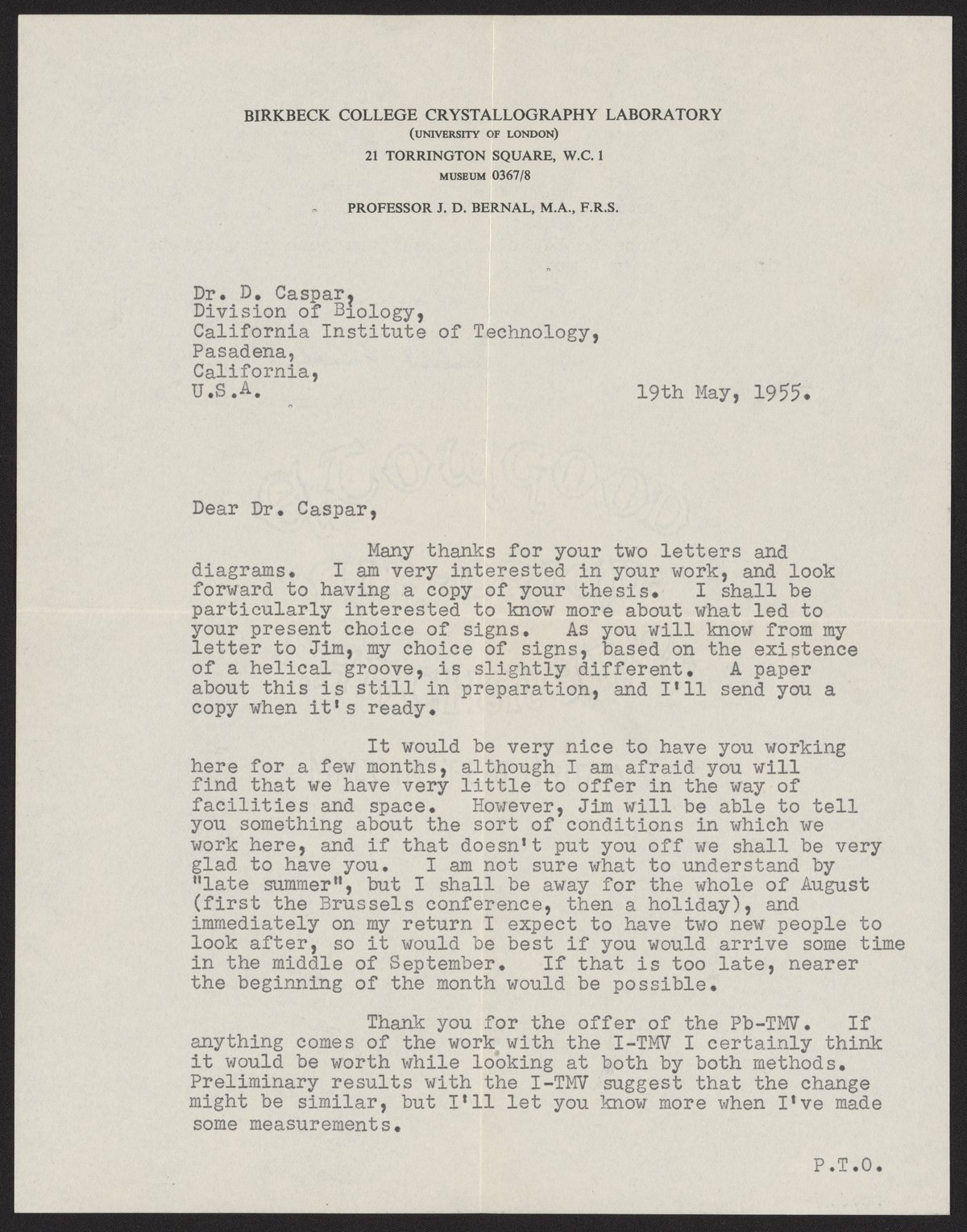 Letter from Rosalind Franklin to Donald Caspar, May 19, 1955 - Science ...