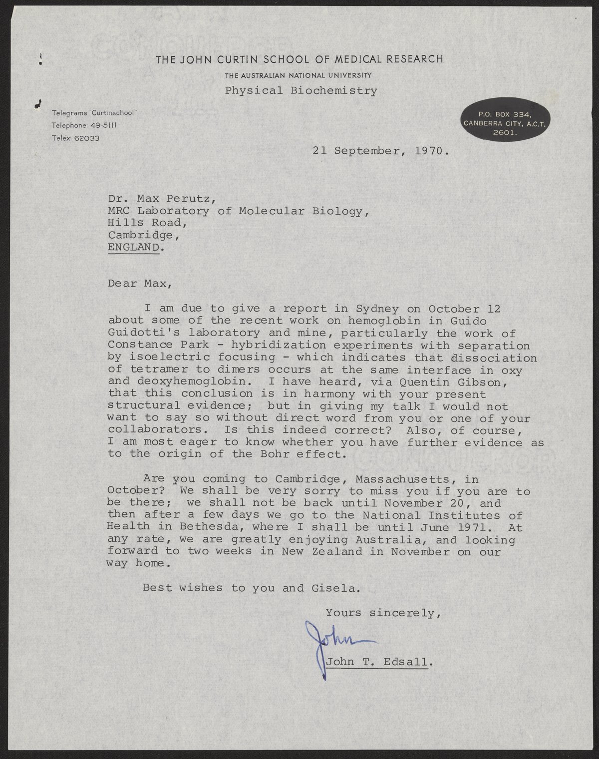 Letter from John T. Edsall to Max Perutz, September 21, 1970 - Science ...