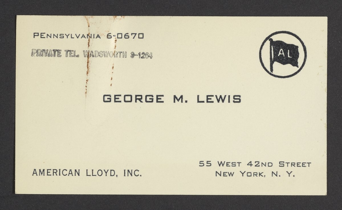 Business card of George M. Lewis and form from the American Lloyd, Inc ...