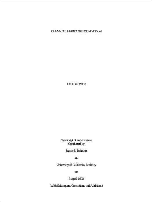 Oral history interview with Leo Brewer - Science History Institute ...
