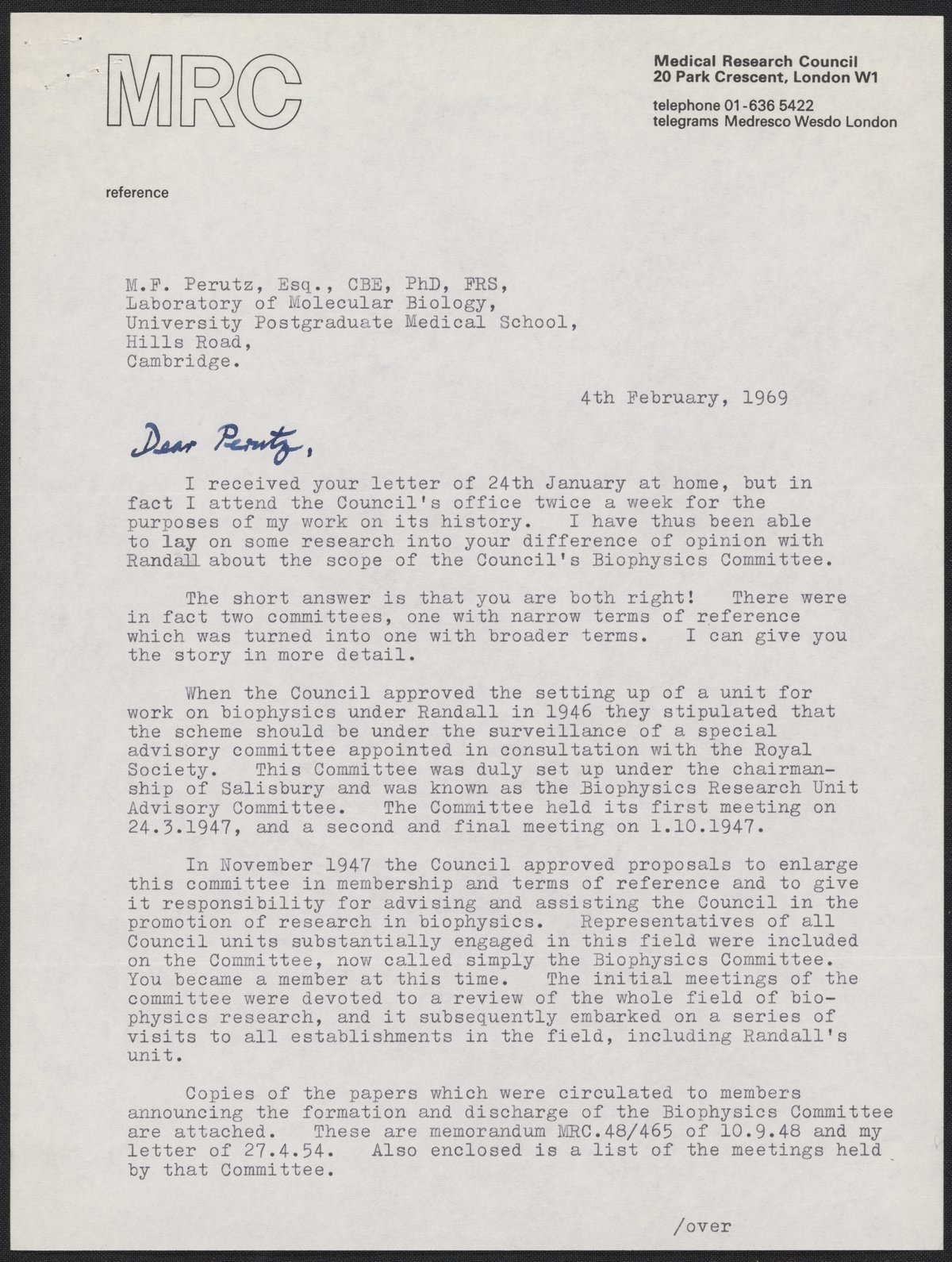 Letter from Landsborough Thomson to Max Perutz, February 4, 1969 ...