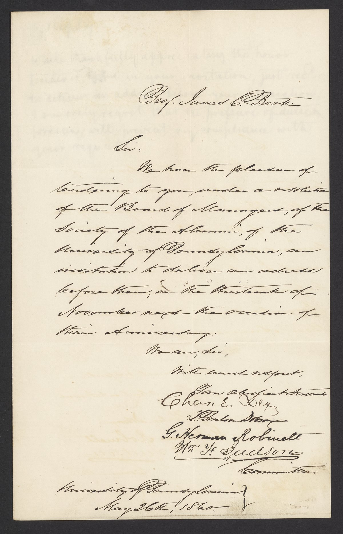 Letter from the Society of Alumni, University of Pennsylvania to James ...