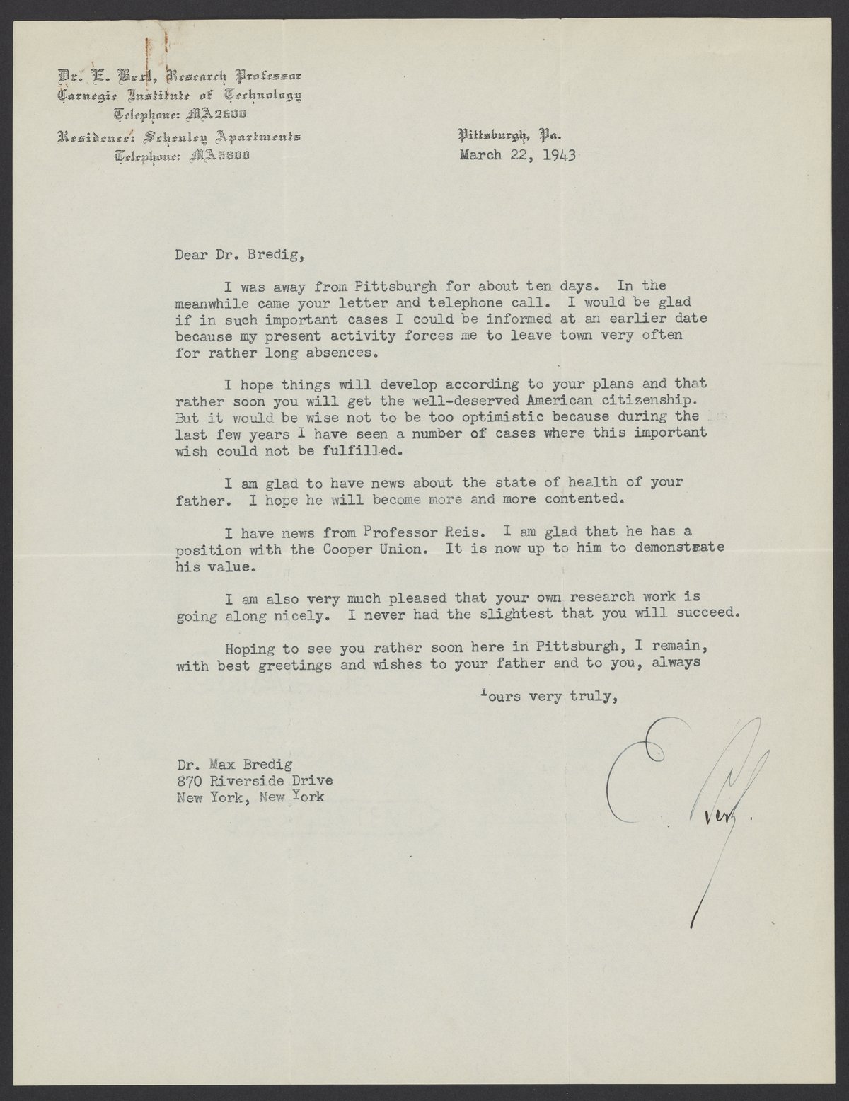 Letter from Ernst Berl to Max Bredig, March 22, 1943 - Science History ...