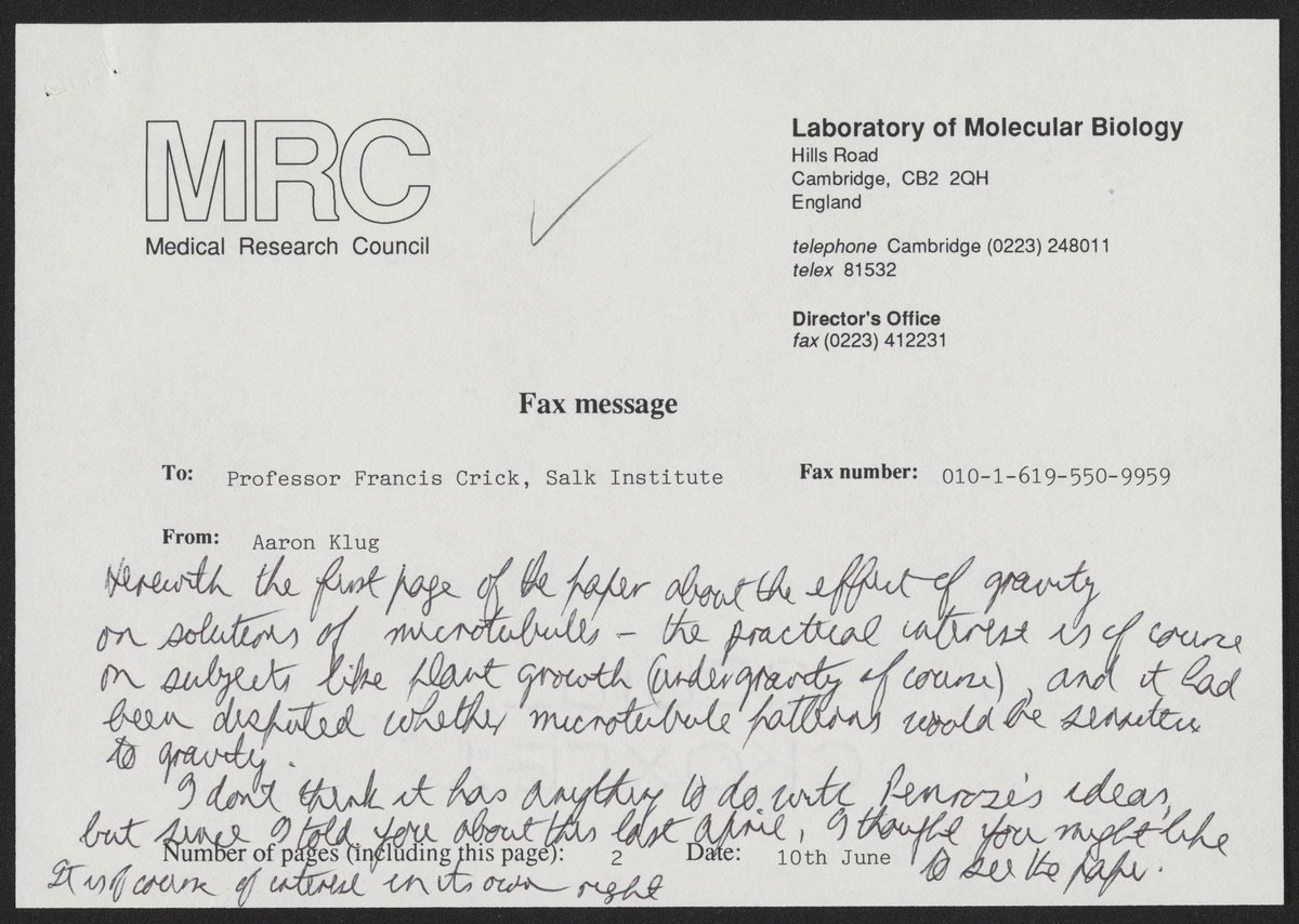 Fax from Aaron Klug to Francis Crick, June 10, 1992 - Science History ...
