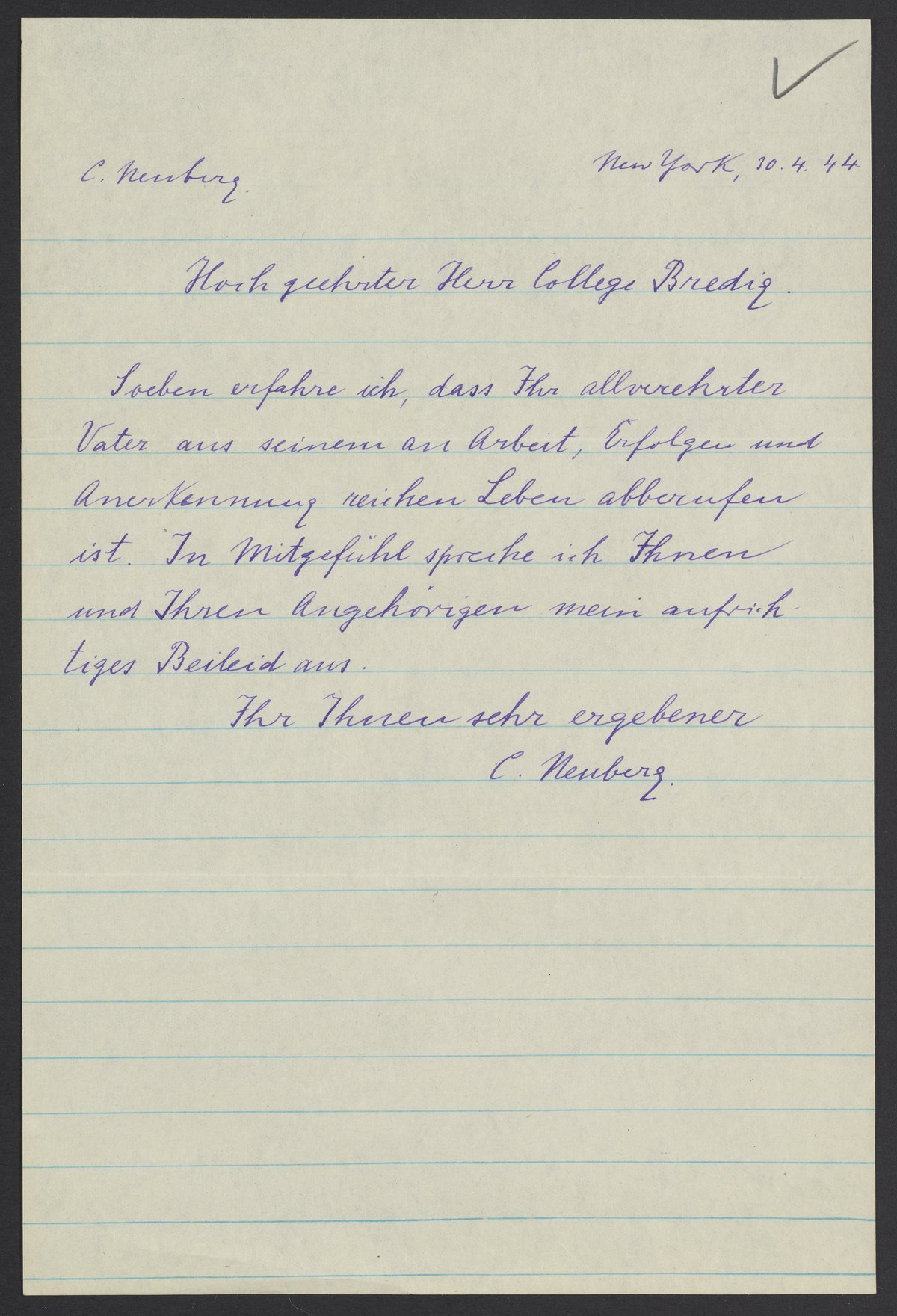 Letter of condolence from Carl Neuberg to Max Bredig - Science History ...