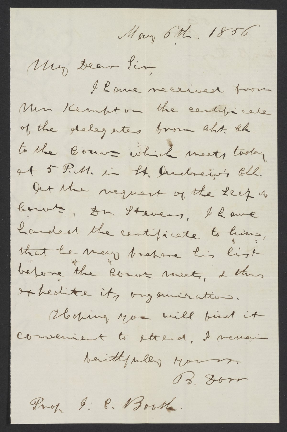 Letter from Reverand B. Dorr to James Curtis Booth, May 6, 1856 ...