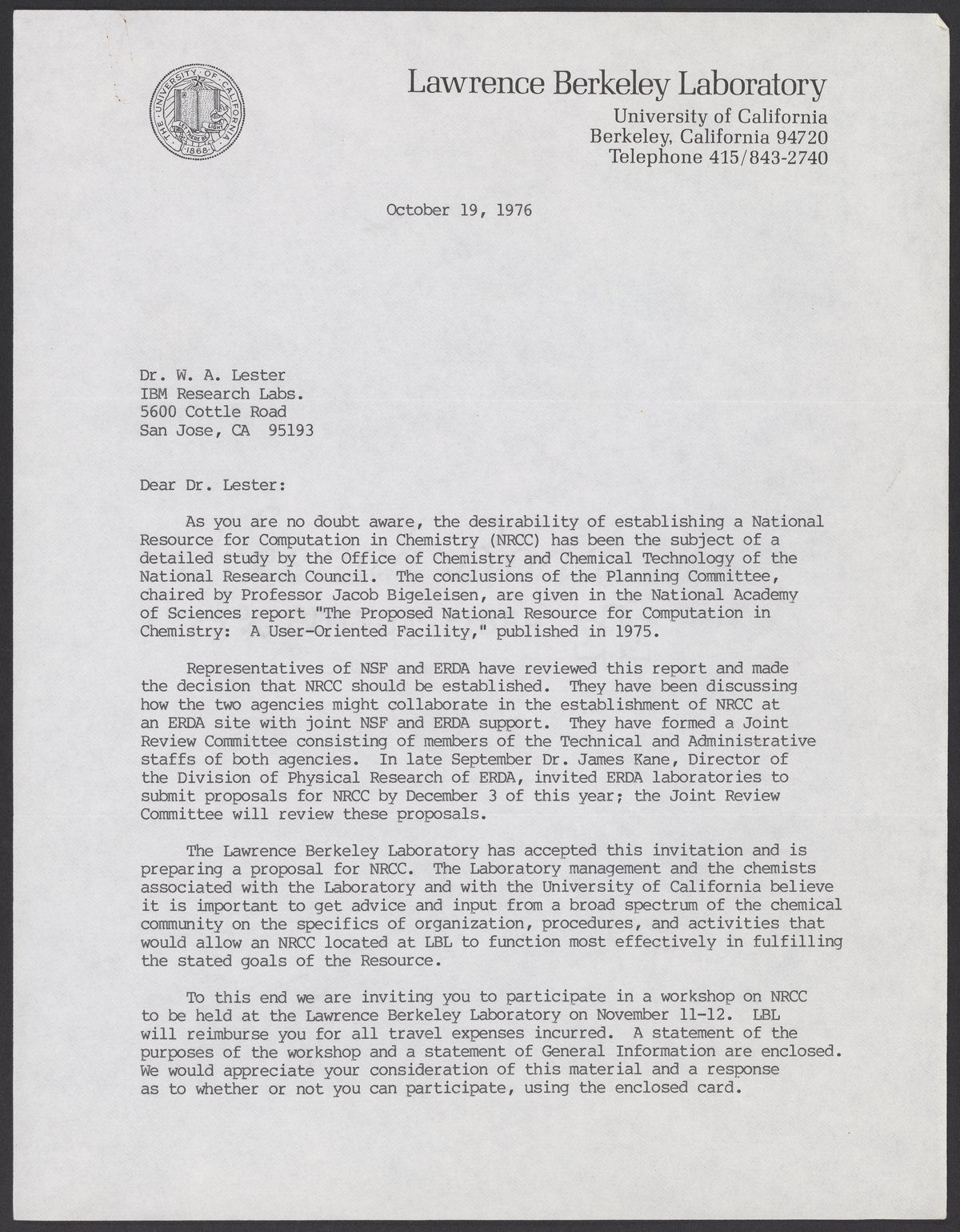 Letter from Andrew M. Sessler to William A. Lester, Jr., October 19 ...
