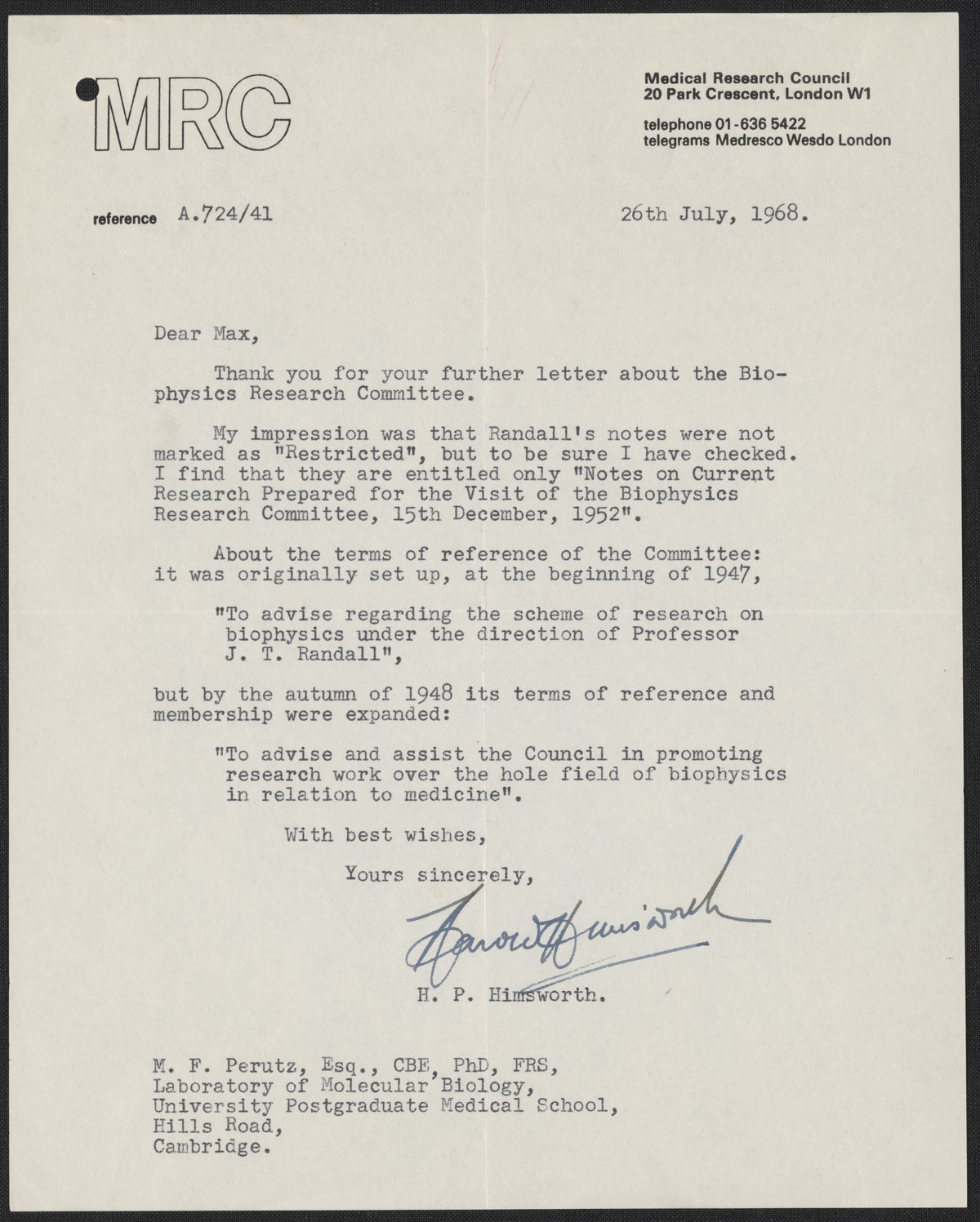 Letter from Harold Himsworth to Max Perutz, July 26, 1968 - Science ...