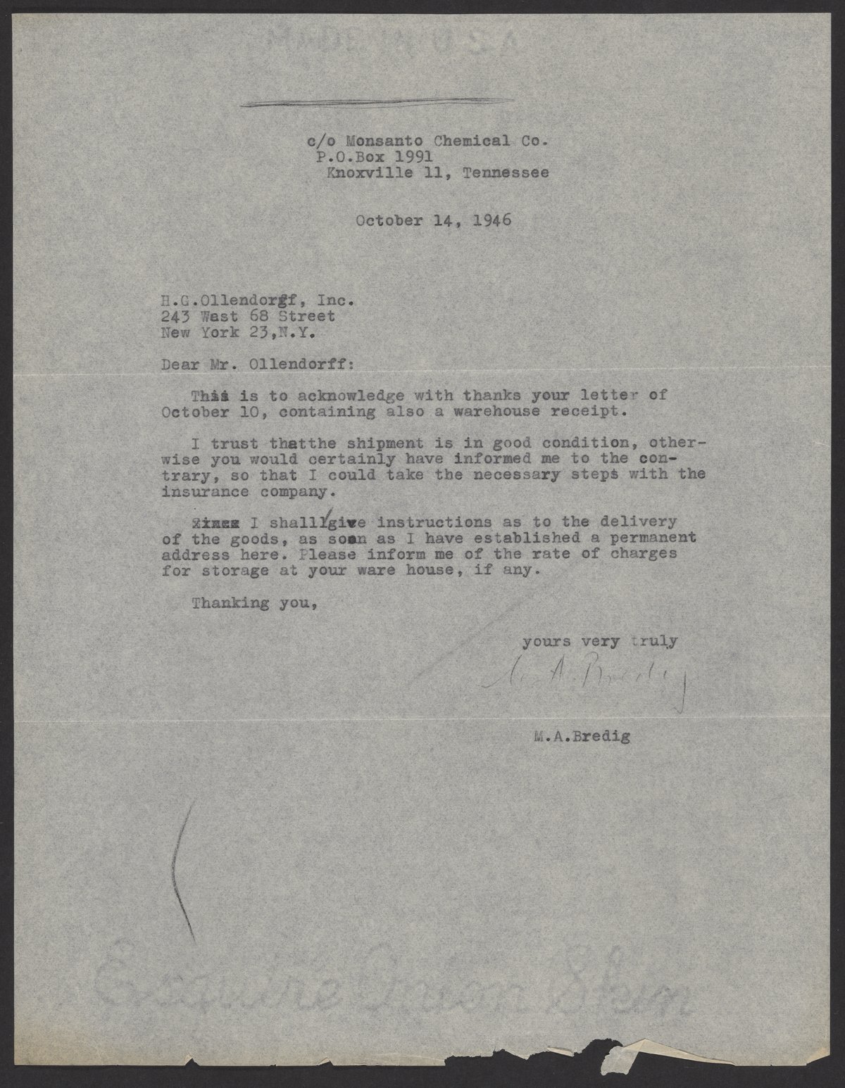 Letter from Max Bredig to H. G. Ollendorff, October 14, 1946 - Science ...
