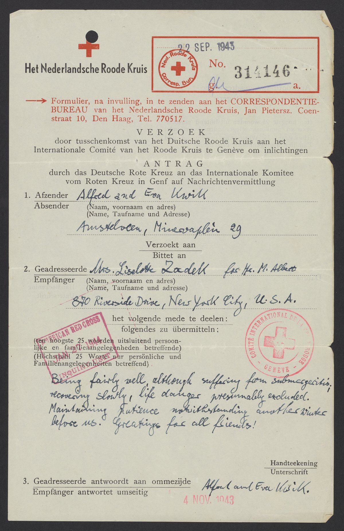 Letter from Alfred and Eva Kwik (Alfred and Eva Schnell) to Liselotte ...